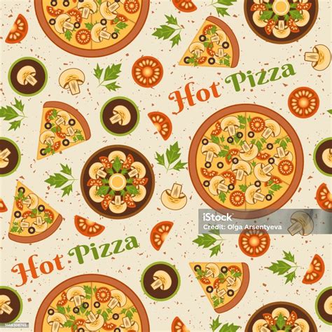 버섯 피자 파슬리 토마토 조각과 원활한 패턴 질감 배경입니다 간단한 기하학적 스타일의 요소 브랜딩 식품 패키지 장식 표지 디자인 장식 인쇄물에 좋습니다 0명에 대한 스톡
