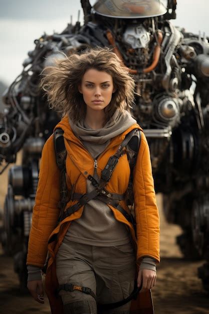 Premium Ai Image A Woman In An Orange Jacket Standing In Front Of A Robot