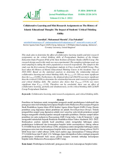Pdf Collaborative Learning And Mini Research Assignments On The History Of Islamic Educational