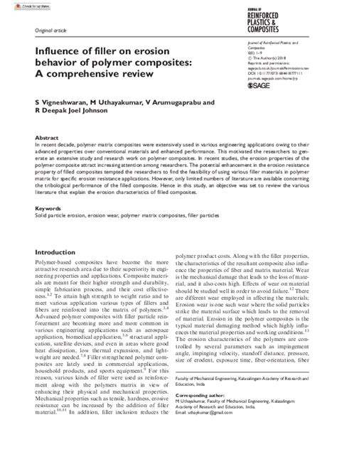 Pdf Influence Of Filler On Erosion Behavior Of Polymer Composites A