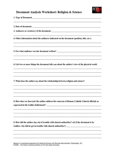 Document Analysis Worksheet Religion Science Pdf Document