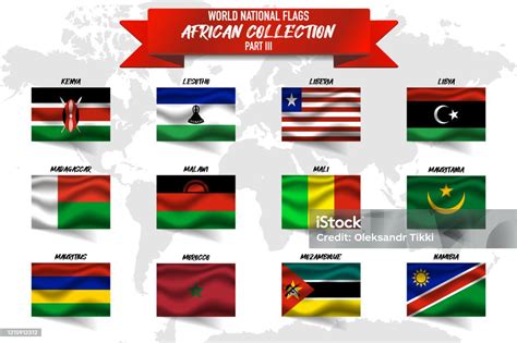 현실적인 공식 세계 국기 흔들리는 에디션의 집합입니다 지도 배경에 격리 개체 아이콘 및 로고 디자인에 대한 기호 아프리카 컬렉션입니다 케냐 레소토 라이베리아 리비아