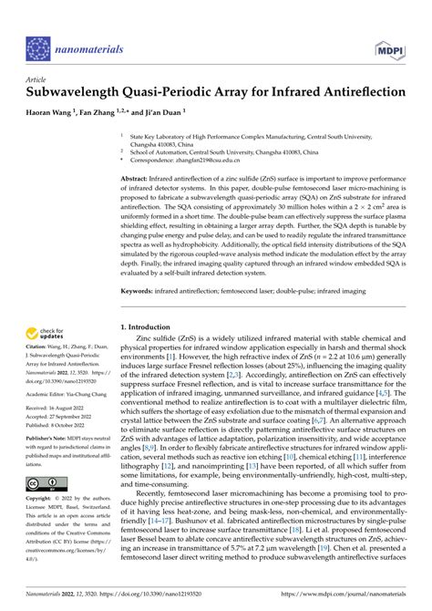 Pdf Subwavelength Quasi Periodic Array For Infrared Antireflection