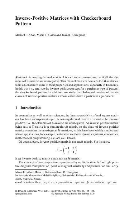 Pdf Inverse Positive Matrices With Checkerboard Pattern