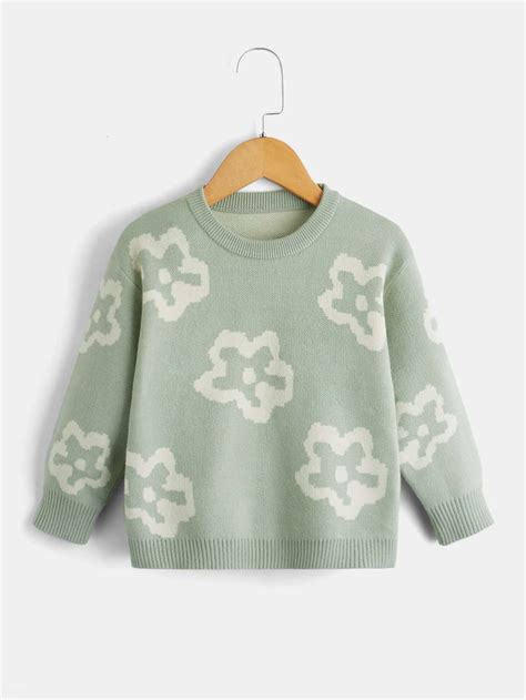 كنزة صوف نمط زهري منخفض الاكتاف للبنات الصغار