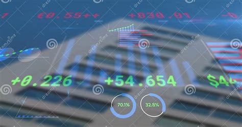 image of data processing diagrams and stock market over building stock