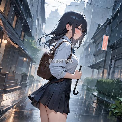 無料イラスト 梅雨に傘を差さずに登下校する女子高生