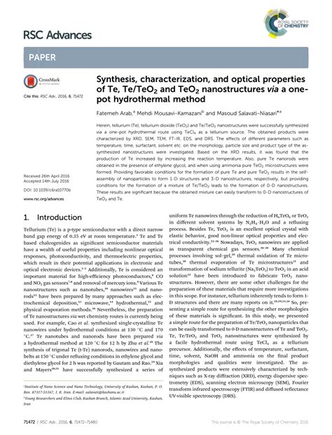 Pdf Synthesis Characterization And Optical Properties Of Te Te Teo2 And Teo2 Nanostructures