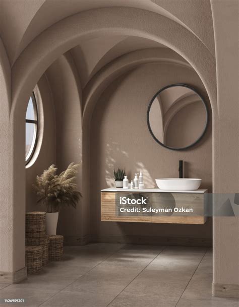 현대 중반 세기와 미니멀리스트 욕실 인테리어 베이지 색 장식 개념 베이지 색 벽에 매달려있는 현대적인 목조 욕실 캐비닛 콘크리트 바닥 3d 렌더링 0명에 대한 스톡 사진 및