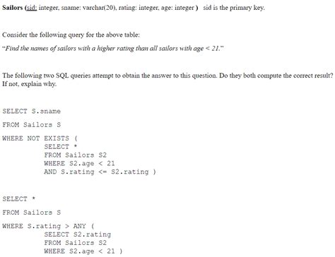 solved sailors sid integer sname varchar 20 rating