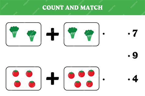 숫자를 세고 짝을 맞추는 어린이를 위한 교육용 수학 게임 미취학 아동을 위한 인쇄 가능한 워크시트 디자인 프리미엄 벡터