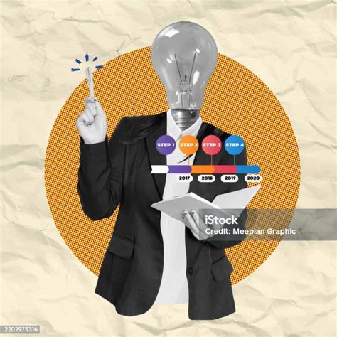 전구 머리를 가진 창조적 인 사업가가 공책을 들고 화려한 콜라주 벡터 일러스트 레이 션에서 단계를 지적합니다 Incandescent Bulb에 대한 스톡 사진 및 기타