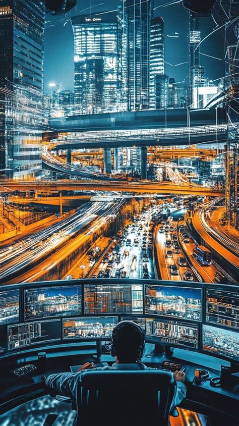 A Smart City Control Room With Technicians Monitoring Traffic And Utilities Stock Illustration