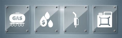 휘발유 가솔린 펌프 노즐 달러 기호가 있는 오일 드롭 및 가스 철도 저수조용 캐니스터를 설정합니다 정사각형 유리 패널 벡터 0