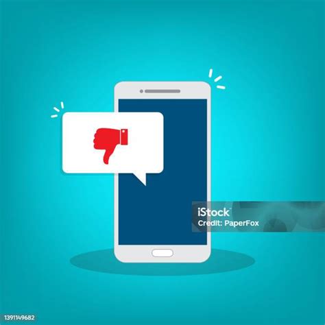 싫어하는 메시지 싫어하는 버튼이있는 스마트 폰 엄지 손가락 아래로 아이콘 소셜 네트워킹 모바일 장치에서의 소셜 미디어 사용 평면 디자인 벡터 일러스트 레이 션 Brand