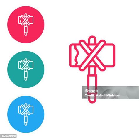 흰색 배경에 격리 된 빨간색 줄 중세 도끼 아이콘 전투 도끼 실행자 도끼 중세 무기 원 버튼에 아이콘을 설정합니다 벡터 강철에 대한 스톡 벡터 아트 및 기타 이미지 Istock