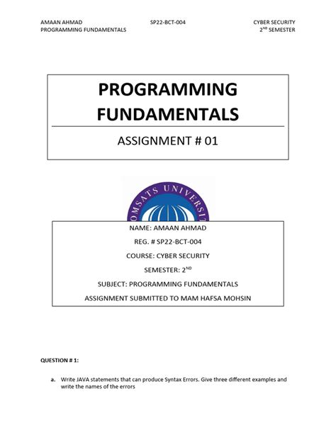 Pf Assignment 01 Amaan Ahmad Sp22 Bct 004 Pdf Integer Computer Science Computer Science