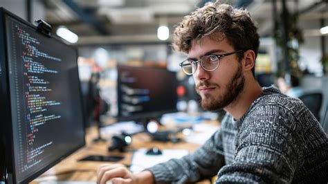 Young Programmer Is Programming At The Office Programmer At The Work