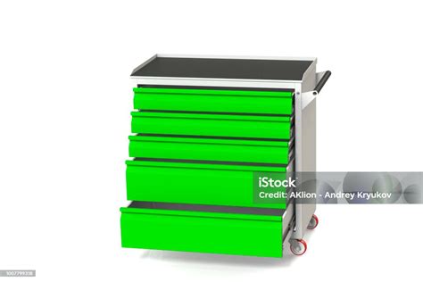 금속 도구 캐비닛 바퀴 서랍에 테이블 도구와 예비 부품을 저장 하기 위한 편리한 장소 서비스 차고 도구 상자입니다 테이블 위에서 촬영의 3 차원 모델 렌더링입니다 1900