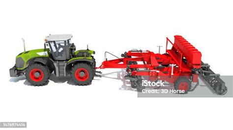 흰색 배경에 시드 드릴 3d 렌더링이 있는 농장 트랙터 3차원 형태에 대한 스톡 사진 및 기타 이미지 3차원 형태 금속 농부 Istock