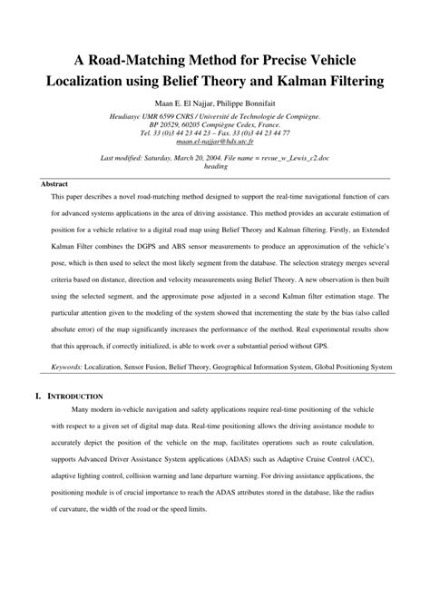 Pdf A Road Matching Method For Precise Vehicle Localization Using Belief Theory And Kalman