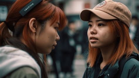길 건너편에 서로 옆에 서있는 빨간 머리를 가진 두 명의 아시아 소녀 마주보는 사람과 대화하는 젊은 여성 고화질 사진 사진 배경 일러스트 및 사진 무료 다운로드
