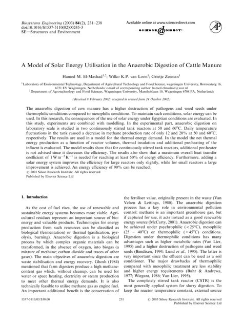 A Model Of Solar Energy Utilisation In The Anaerobic Digestion Of