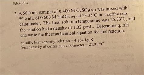 Solved Feb 4 2022 2 A 50 0 Ml Sample Of 0 400 M Cuso4 Aq