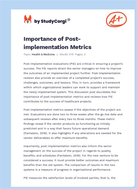 Importance Of Post Implementation Metrics Free Essay Example