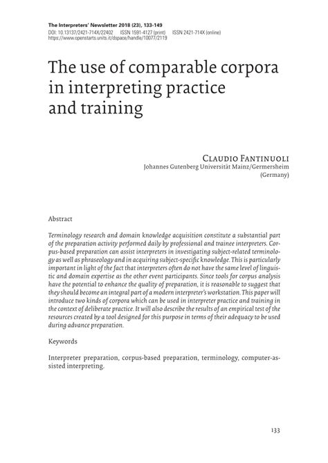 Pdf The Use Of Comparable Corpora In Interpreting Practice And Teaching