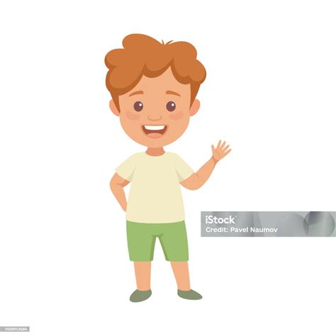 미소 짓는 어린 소년 캐릭터 녹색 반바지에 서있는 포즈로 손을 흔들고있는 정면보기 벡터 일러스트 레이 션 손 흔들기에 대한 스톡