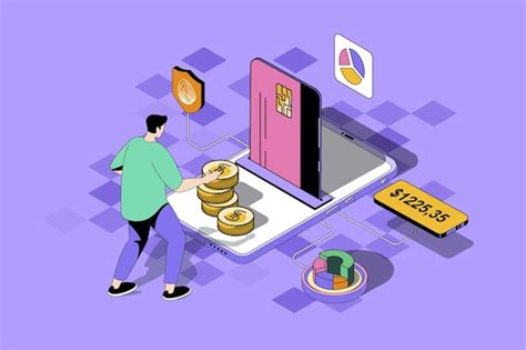 3d 아이소메트릭 디자인의 모바일 뱅킹 웹 개념 남자는 금융 계정을 관리하고 잔액은 사람 아이소메트리 장면이 있는 응용 프로그램 벡터 웹 그림의 신용 카드에서 거래를