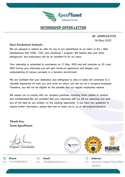 Internship Webdevelopment Apexplanet Careergoals Learning Avinash Yendamuri