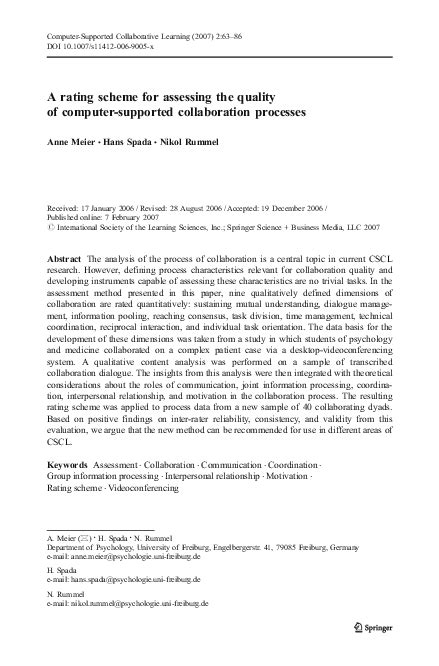 Pdf A Rating Scheme For Assessing The Quality Of Computer Supported Collaboration Processes