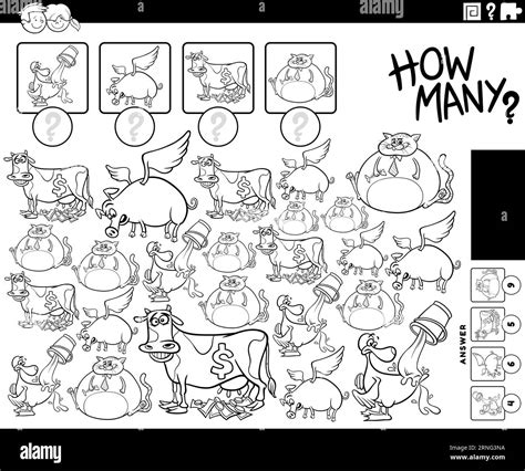 Black And White Illustration Of Educational Counting Game With Cartoon