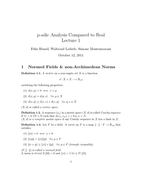 P Adic Analysis Compared To Real Lecture 1 F Hensel W Lederle S Montemezzani Pdf