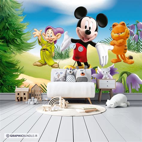 پوستر دکوراتیو کودکانه با طرح درخت و چمن های سبز و لاله صورتی و