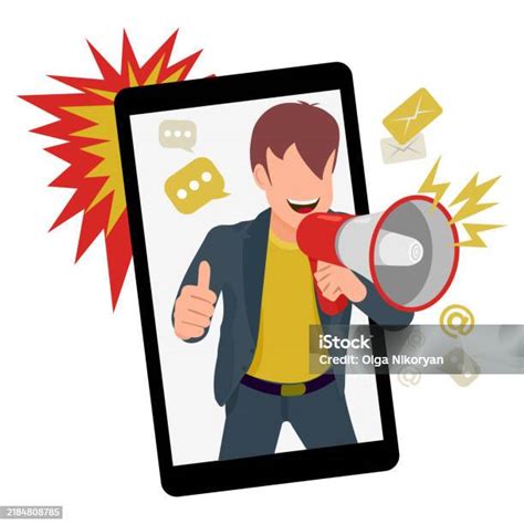 마케팅에 영향을 미칩니다 블로거는 확성기를 사용하여 마케팅 광고를 방송합니다 인플루언서 Brand Name Smart Phone에 대한 스톡 벡터 아트 및 기타 이미지
