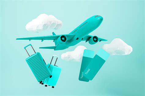 비행기 수하물 및 티켓은 청록색 테마로 저폴리 구름으로 3d 렌더링에서 여행 및 관광 개념을 상징합니다 3d 렌더링 0명에 대한 스톡 사진 및 기타 이미지 Istock