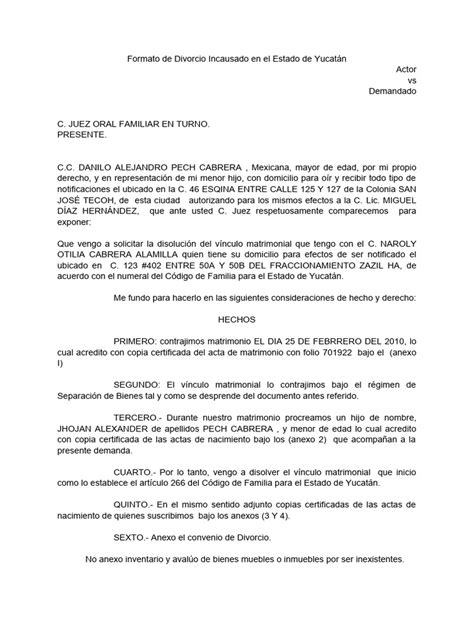 Formato De Divorcio Incausado En El Estado De Yucatan Pdf