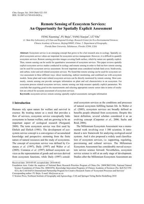 Pdf Remote Sensing Of Ecosystem Services An Opportunity For