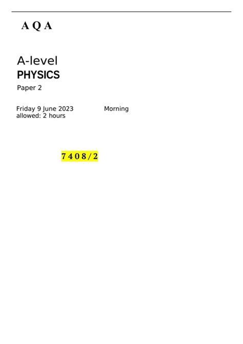 Aqa A Level Physics Paper 2 Question Paper June 2023 Aqa Physics 202 3 Stuvia Us