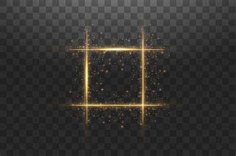 조명 효과와 골든 프레임 빛나는 럭셔리 배너 벡터 일러스트입니다 불꽃 및 스포트라이트 조명 효과와 빛나는 라인 골든 프레임 빛나는 사각형 배너 검은 투명 배경에 고립