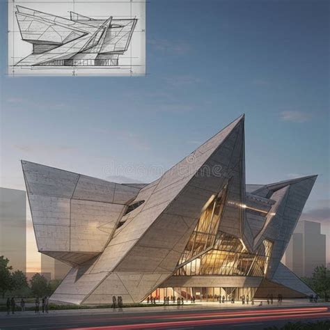 Futuristic Architectural Design Featuring An Angular Geometrically Complex Structure Stock