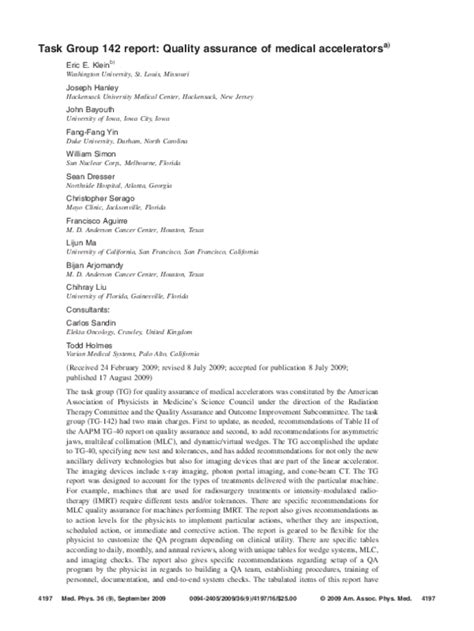 Pdf Task Group 142 Report Quality Assurance Of Medical Accelerators