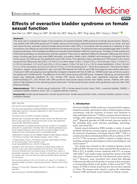 Pdf Effects Of Overactive Bladder Syndrome On Female Sexual Function