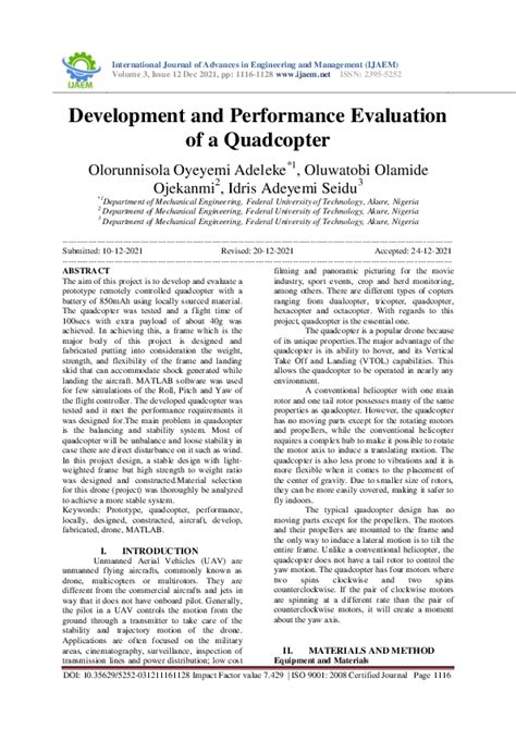 Pdf Development And Performance Evaluation Of A Quadcopter