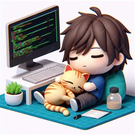 premium photo cute 3d style chibi programmer with a cat curled up on their lap peacefully