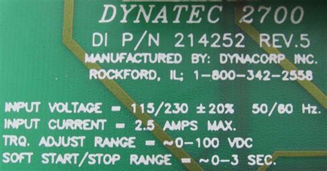 Used Dynatec 214252 Control Board 2700 Sb Industrial Supply Inc