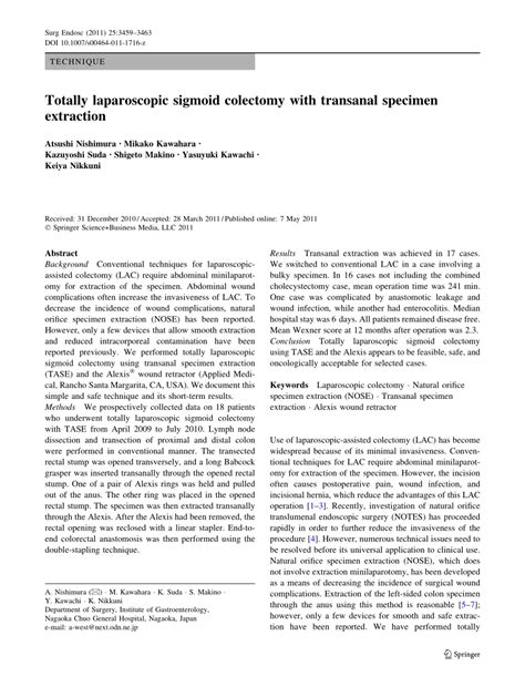 Pdf Totally Laparoscopic Sigmoid Colectomy With Transanal Specimen